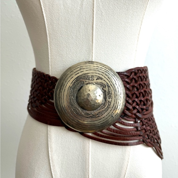 Chico's | Accessories | Chicos Leather Woven Belt Brown Hammered Buckle ...